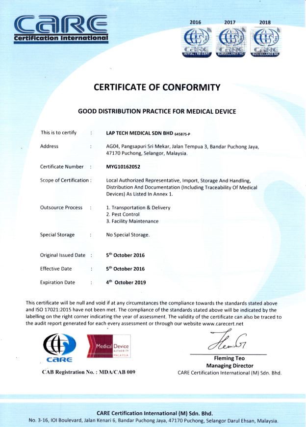 Certification - Lap Tech Medical Device Supplier Malaysia